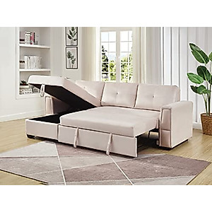 Legend Vansen 91" Wide Reversible Sofabed Sectional Sofas with Chaise，Velvet Storage L-Shape Twin Size for Living Room Couch Sleeper, Cream