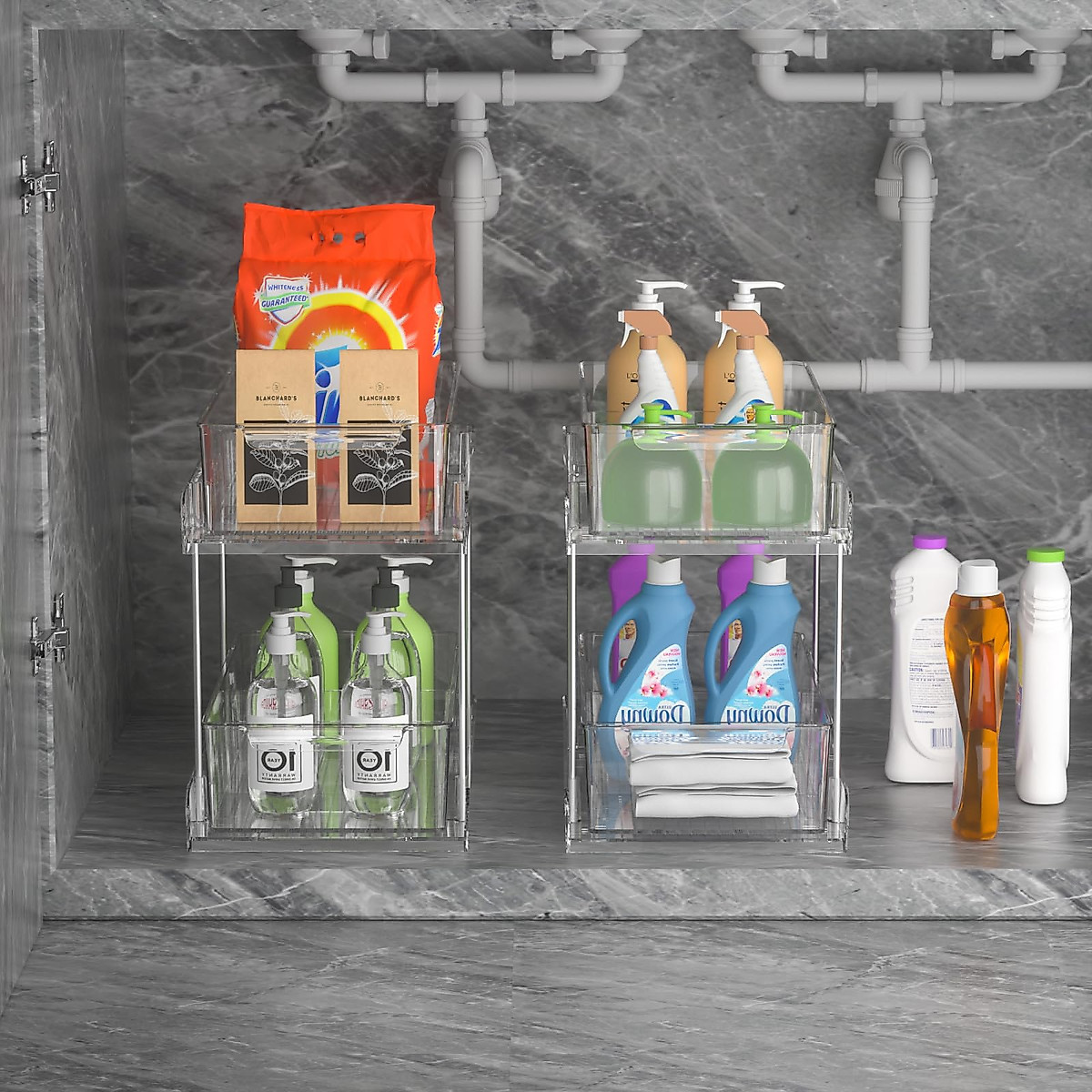 2 Tier Clear Under Sink Organizer with Dividers, Slide Out Bathroom Organization Container Storage Rack, Home Multipurpose Organized Pantry/Kitchen/Counter/Medicine Cabinet Storage Bins (Clear 2-pack)