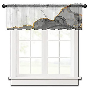 Chiffon Window Valance Kitchen Curtains Grey White Marble Crack,Rod Pocket Tier Curtain Light Filter Panel,Gold Foil Lines Abstract Art Windows Valances Drapes for Bedroom,Bathroom 54x18In