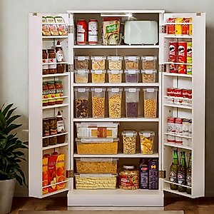 Furnaza 50" LED Kitchen Pantry Storage Cabinets - Standing Food Cabinets Cupboards with 2 Doors with Racks and Shelves Adjustable for Small Space in Dinning Room, Living Room, in White