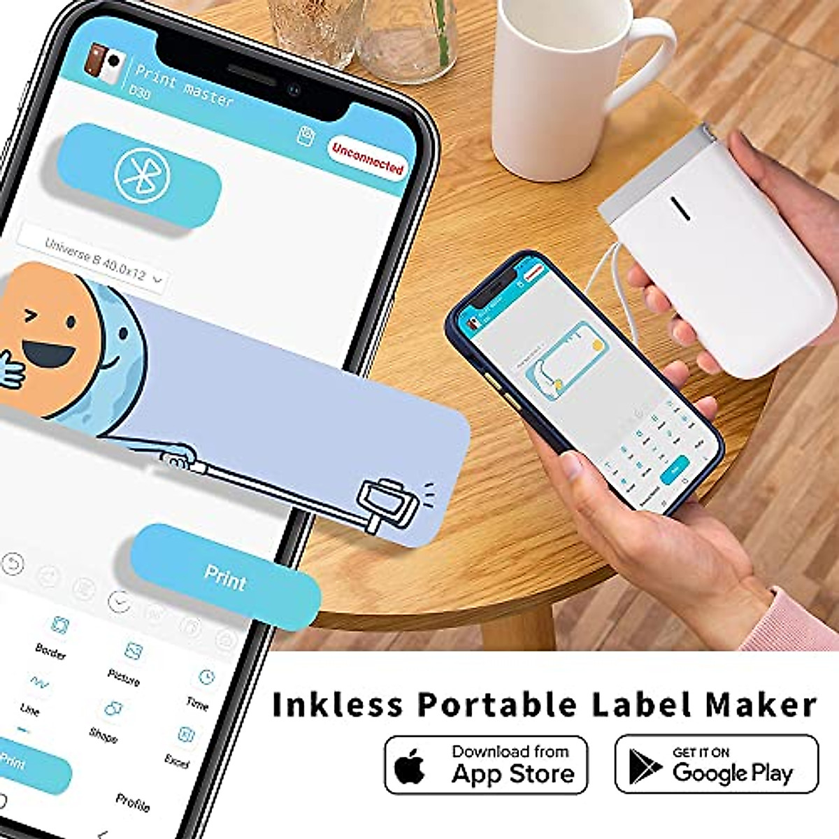 yugyet Mini Lable Maker Bluetooth Thermal Printer Portable with One Label Sticker Roll USB Rechargeable White