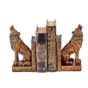 Bellaa 26362 Decorative Bookends Howling Wolf Animal Cabin Farmhouse Vintage Bookshelf Home Decor Tabletop Shelves Nonskid Heavy Book Stoppers 9 inch