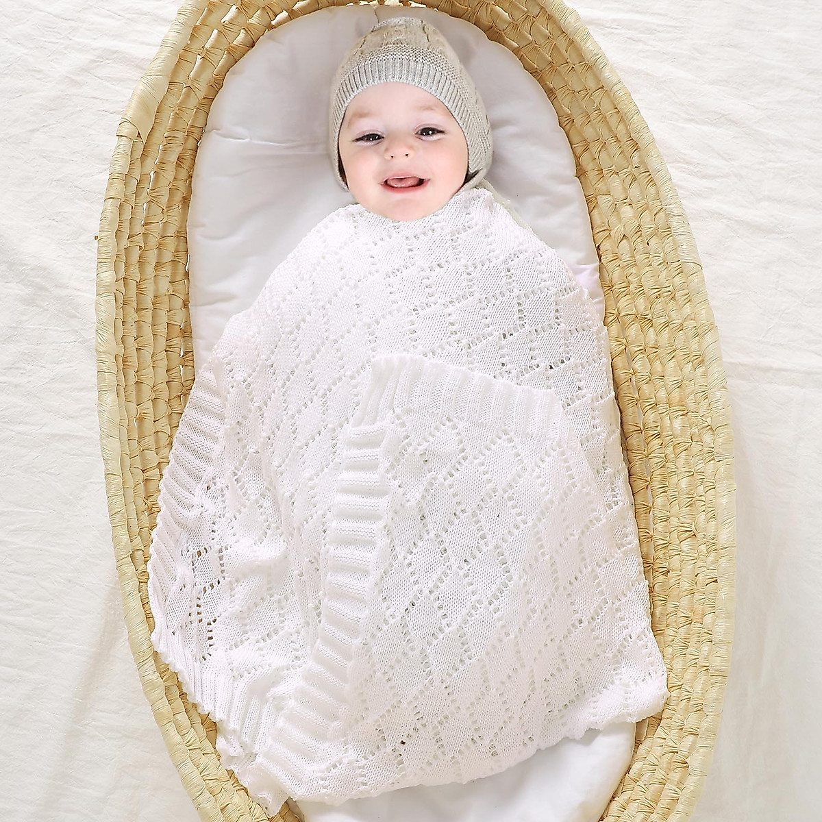 mimixiong Toddler Blankets Knitted Cellular Baby Blankets for Boys and Girls Size 40 x30 Inch White