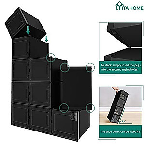 YITAHOME Shoe Storage Box, Set of 6 Shoe Storage Organizers Stackable Shoe Storage Box Rack Clear Drawer-Black