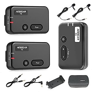 AODELAN Wireless Microphone Lavalier System with 2 Transmitters, 1 Receiver, for Cameras, Camcorders, iOS, Android Smartphones, YouTube Facebook Vlogging
