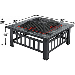 ZENY 32in Outdoor Fire Pits Outside Wood Burning Firepit Square Metal Fireplace Table Fire Bowl with Grill,Screen and Poker for Camping Bonfire Backyard BBQ