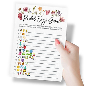 Printed Party Bridal Shower Game Set – 4 Fun Games and Activities for 30 Guests, Includes Bingo, Emoji Guessing, and Bride & Groom Trivia, Love In Bloom Wildflower Design