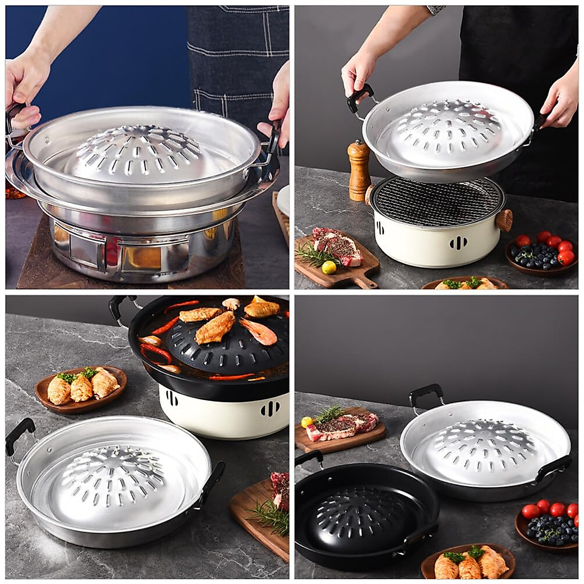 BESPORTBLE Thai Korean Bbq Grill Pan, Stainless Steel Barbecue Grill Tray Camping Bbq Pan Smokeless Roasting Pan Cooking Meat Vegetable Stovetop Plate for Outdoor 30cm