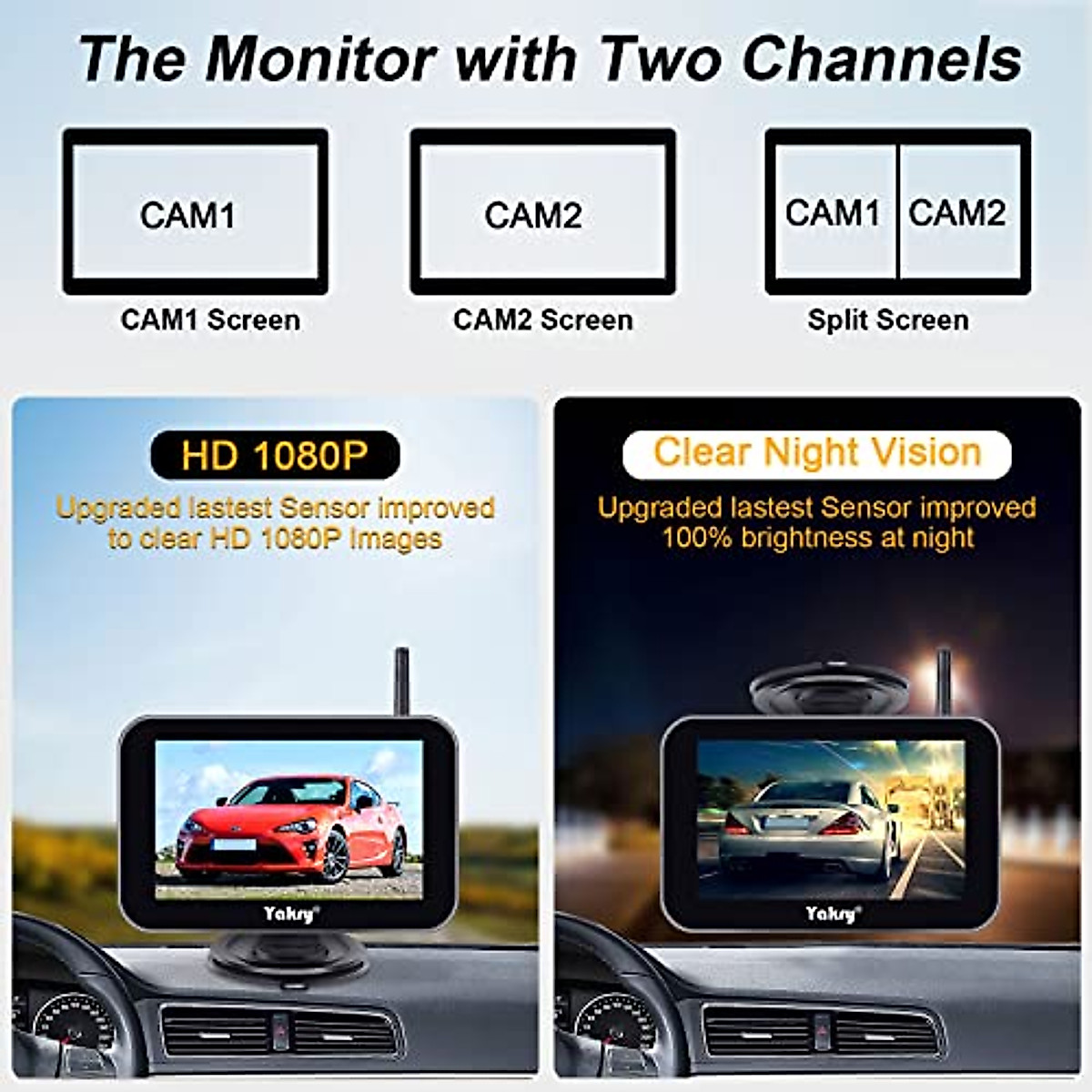 Yakry Wireless Backup Camera HD 1080P 5 Inch Monitor 2 Channels Kit System Bluetooth Hitch Rear View Reverse Cam Truck Car Camper RV Minivan Waterproof Night Vision DIY Gridlines Y24