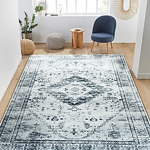 BESTSWEETIE Area Rug 8x10 Rugs for Living Room 8 x 10 Washable Rugs Non Slip Vintage Boho Living Room Rugs for Bedroom Dining Room, Distressed Pattern Carpet, Gray Black