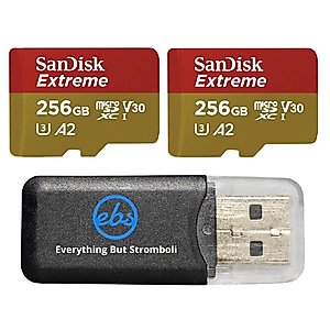 SanDisk Extreme V30 A2 (Bulk 2 Pack) 256GB Micro SD Card for DJI FPV Drone (SDSQXA1-256G-GN6MN) UHS-I U3 Class 10 4K SDXC Bundle with (1) Everything But Stromboli MicroSDXC Memory Card Reader
