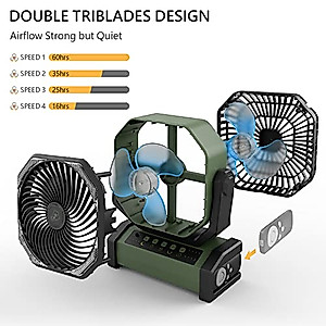 FUNMAT Camping Fan with LED Light, 20000mAh Rechargeable Battery Operated Table Fan, Auto-Oscillating Tent Fan with Remote & Hook, 4 Speed Portable Camping Fan for Travel Picnic Fishing, Green