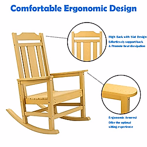 Rocking Chair, All-Weather Patio Deck Outdoor Indoor Chair, Fade-Resistant Porch Rocker Chair, Durable Smooth Rocking, Comfortable Easy to Assemble, Low Maintain, Load Bearing 350 lbs (Yellow)
