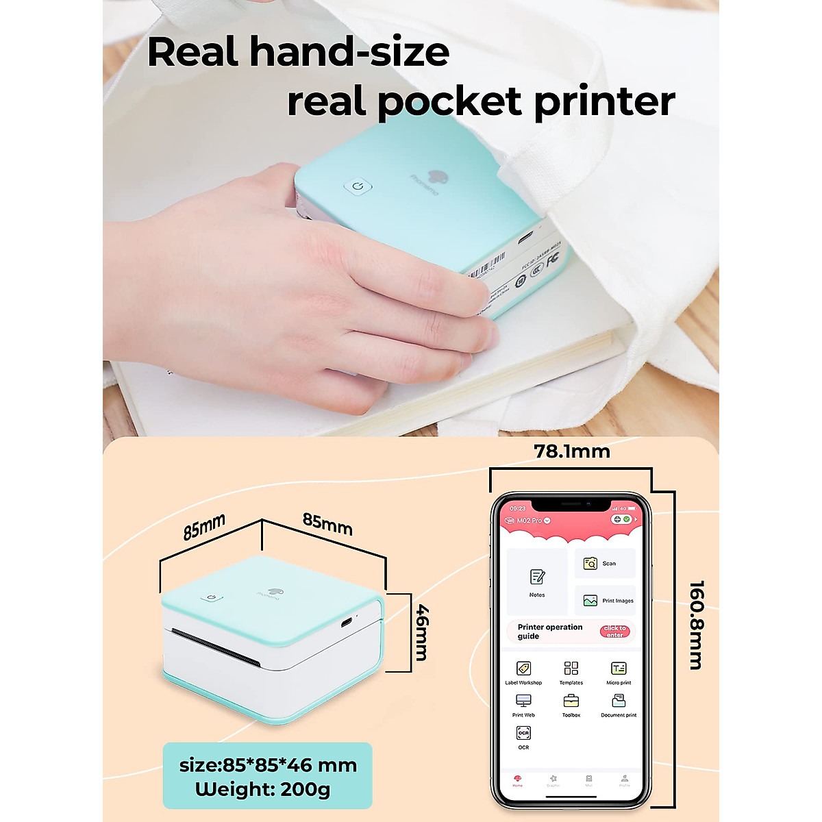 Phomemo M02Pro 300DPI Mini Pocket Printer - Bluetooth Thermal Printer, 15/25/50mm Label Maker, Compatible with iOS & Android, Wireless Photo Printer for Phone,Journal, Fun Gift, Work List -Green