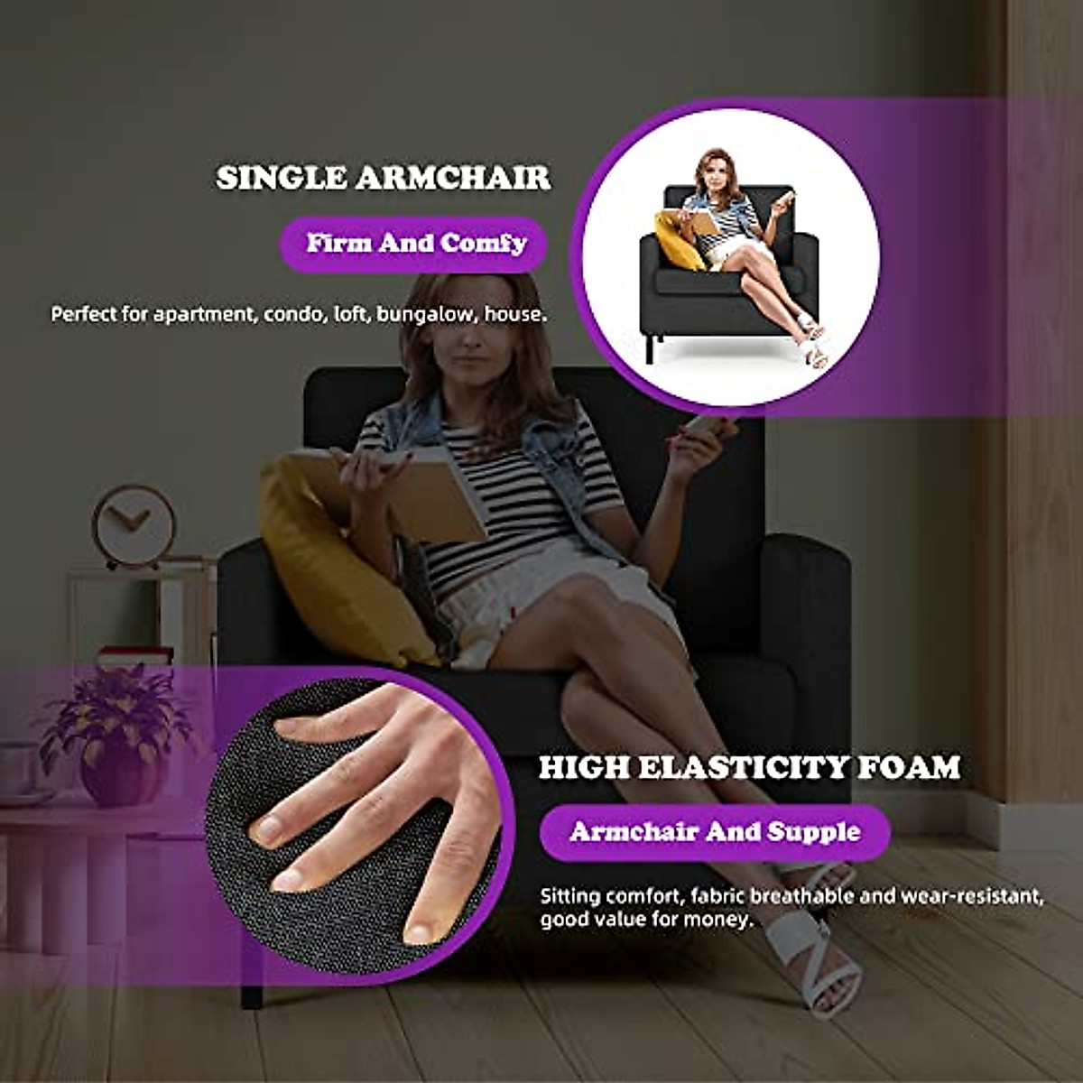 TYBOATLE Modern Upholstered Linen Fabric Accent Arm Chair Set of 2, Living Room Single Sofa Chairs w/Metal Legs, Reading Lounge Armchair for Small Spaces, Apartment, Bedroom, Office (Dark Gray)