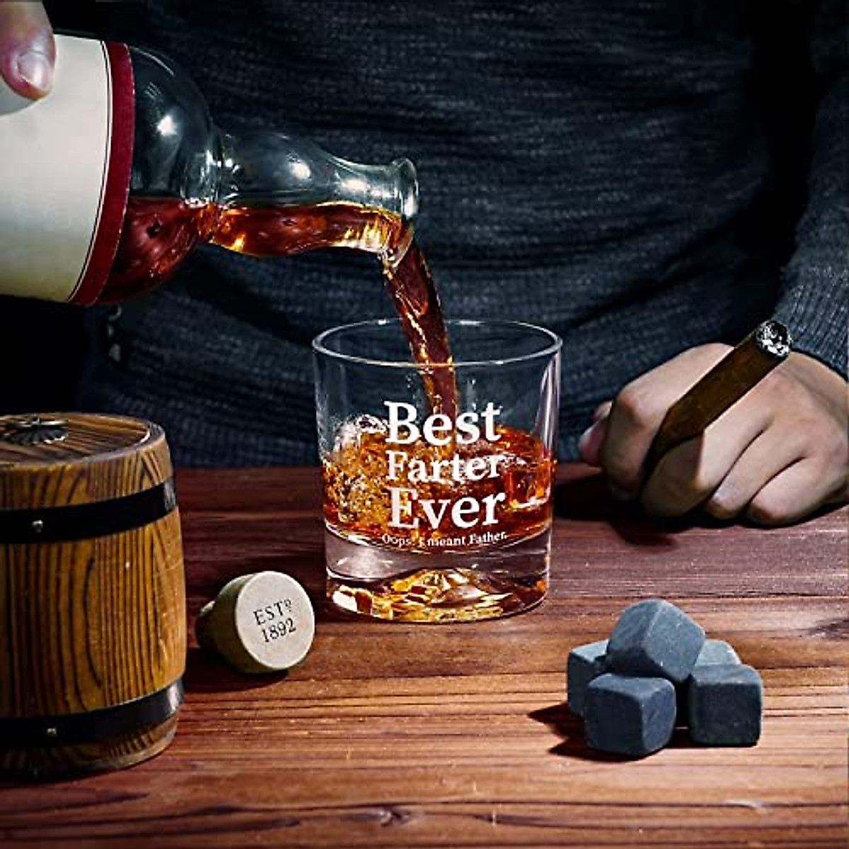 Gifts for Men Dad, Christmas Stocking Stuffers, Whiskey Stones, Best Father Ever Whiskey Glass, Cool Bourbon Scotch Whiskey Gifts for Husband Father
