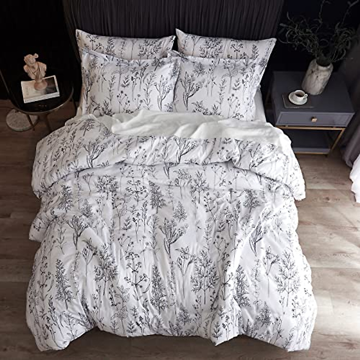 HYPREST Floral Duvet Cover King Size, White and Black Duvet Cover, 3 Pcs Farmhouse Leaf King Duvet Cover Soft Breathable Lightweight Shabby Chic Bedding Duvet Covers (Oeko-Tex Certificated)