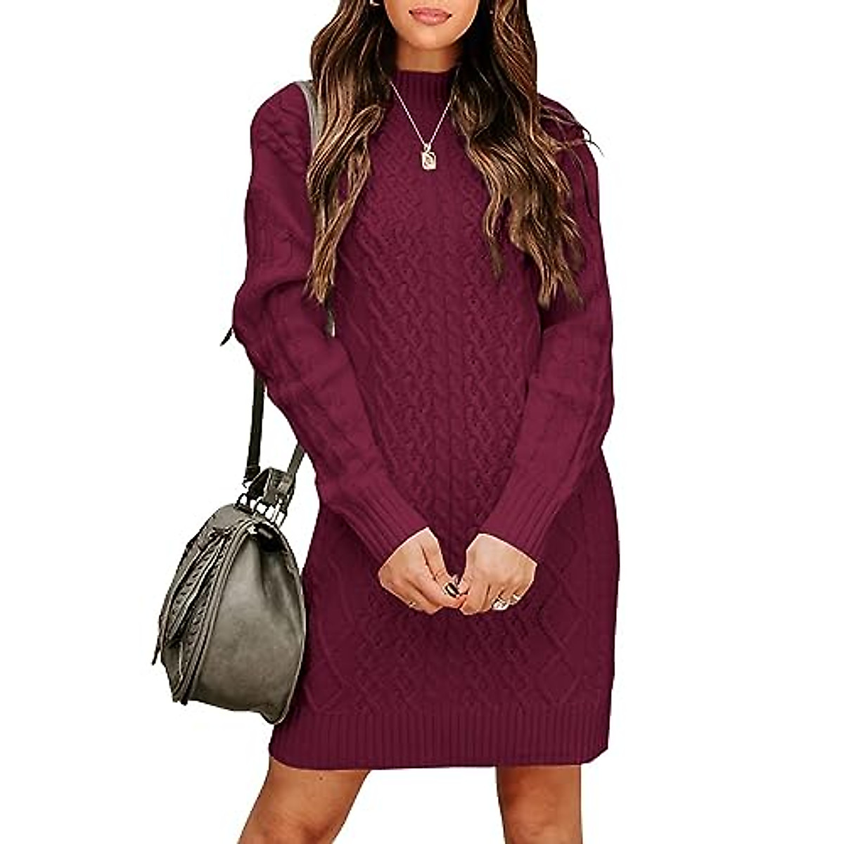 FSHAOES Womens Turtleneck Cable Knit Sweater Dress Fall Winter Long Sleeve Bodycon Mini Dresses Solid Long Pullover Jumper Wine Red