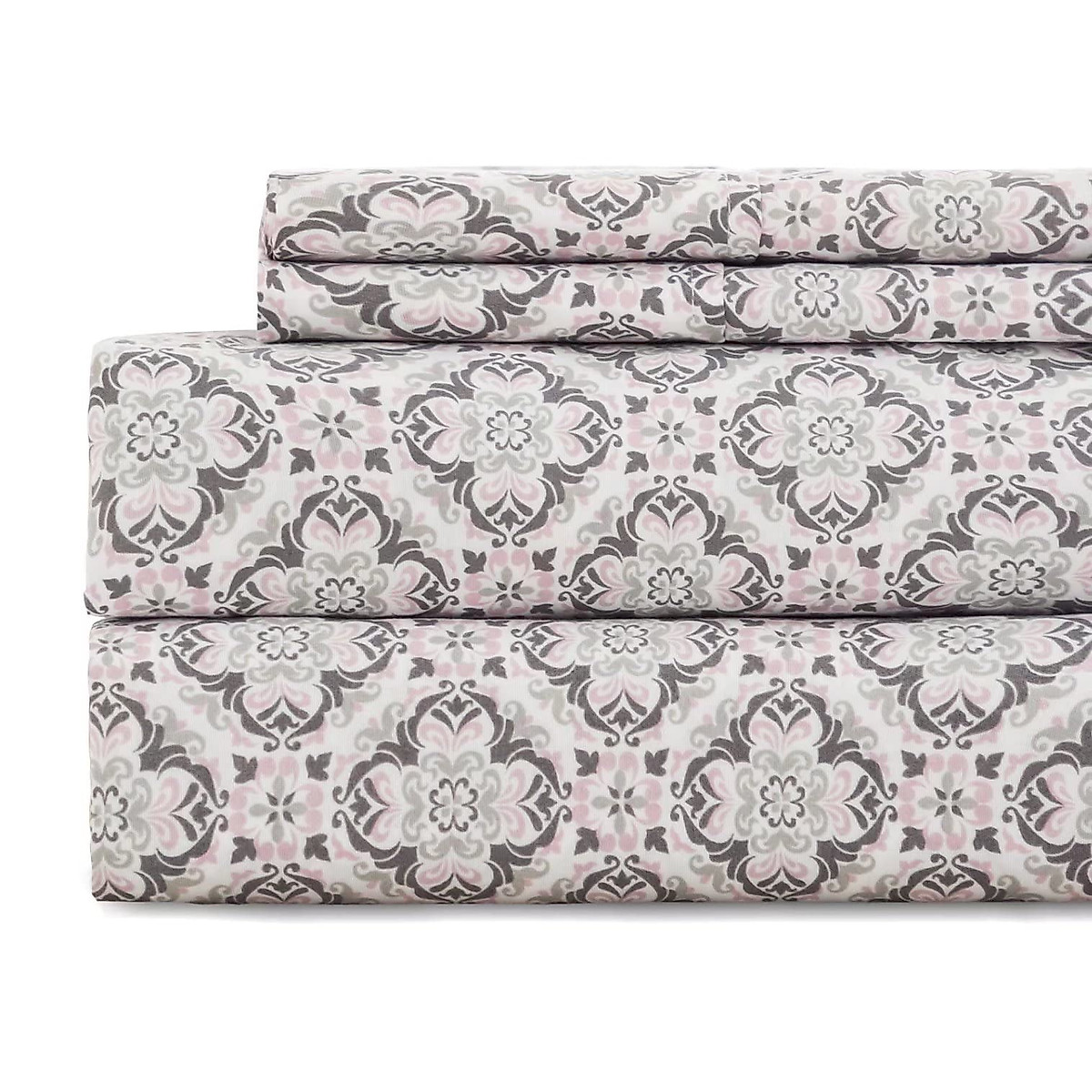 KaceMoo King Sheet Set 4PC Printed Sheets Beige Floral Pattern Boho Sheets Cooling Deep Pocket Microfibe Bed Sheet King Size, Luxury, Soft, Breathable, Hypoallergenic, Wrinkle Free for Kids Room, Dorm