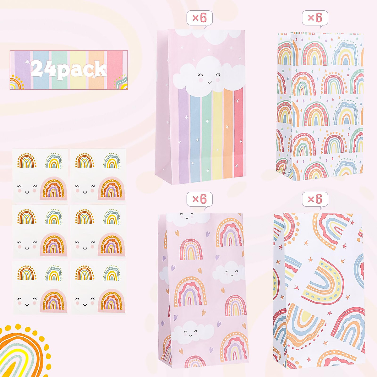DECORLIFE 24PCS Rainbow Party Favor Bags, 4 Styles, Rainbow Goodie Bags for Birthday Party, Perfect for Girls, Kids, Boys, Stickers Included