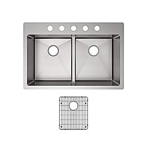 Elkay Crosstown ECTSRA33229TBG5 Equal Double Bowl Dual Mount Stainless Steel Kitchen Sink Kit with Aqua Divide