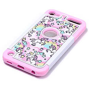 Apple iPod Touch 6,7th Case, iPod 7th Case, Rainbow Unicorn Pattern Shockproof Studded Rhinestone Crystal Bling Hybrid Case Silicone Protective Armor for Apple iPod Touch 6 7th Generation
