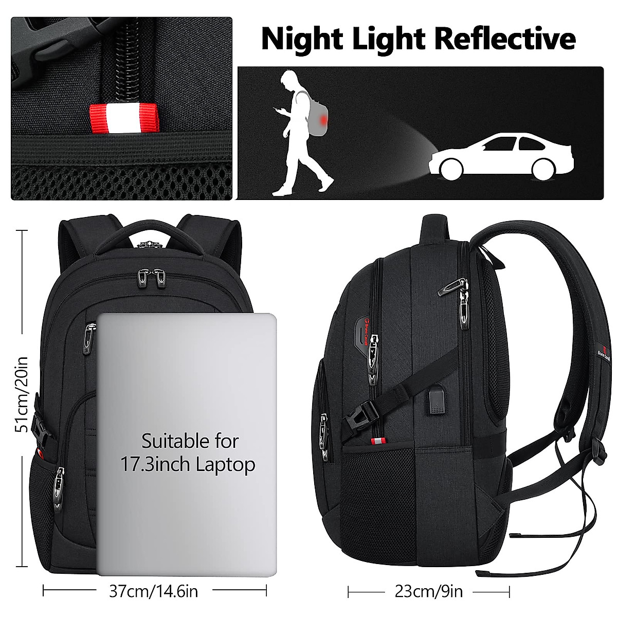 Bagsure Travel Laptop Backpack, Business Water Resistant Laptop Backpack with USB Charging Port, Durable Anti Theft College School Computer Bag for Men & Women Fits 15.6 Inch Notebook & Laptop