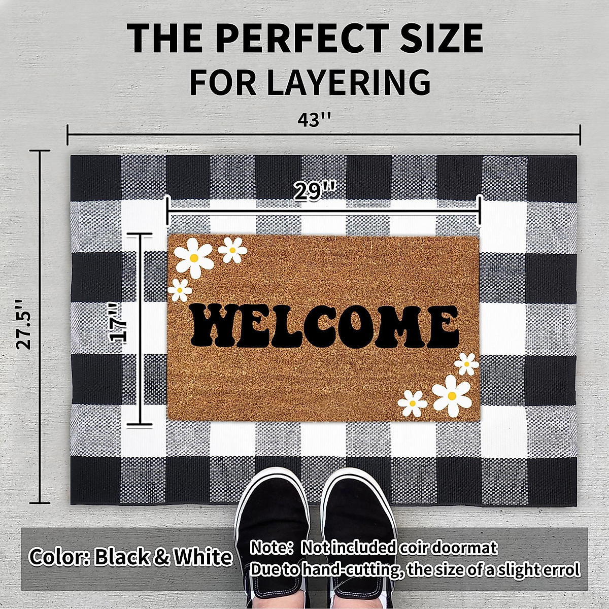 PIXFAIRY Buffalo Plaid Area Rug - 27.5x43 Inches, Black and White Checkered, Washable Cotton, Ideal for Front Porch, Kitchen, Entryway, Patio, Bathroom