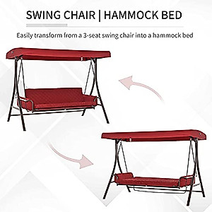 Outsunny 3-Seat Patio Swing Chair, Converting Flatbed, Outdoor Porch Swing Glider with Adjustable Canopy, Removable Cushions, Pillows for Garden, Poolside, Backyard, Red