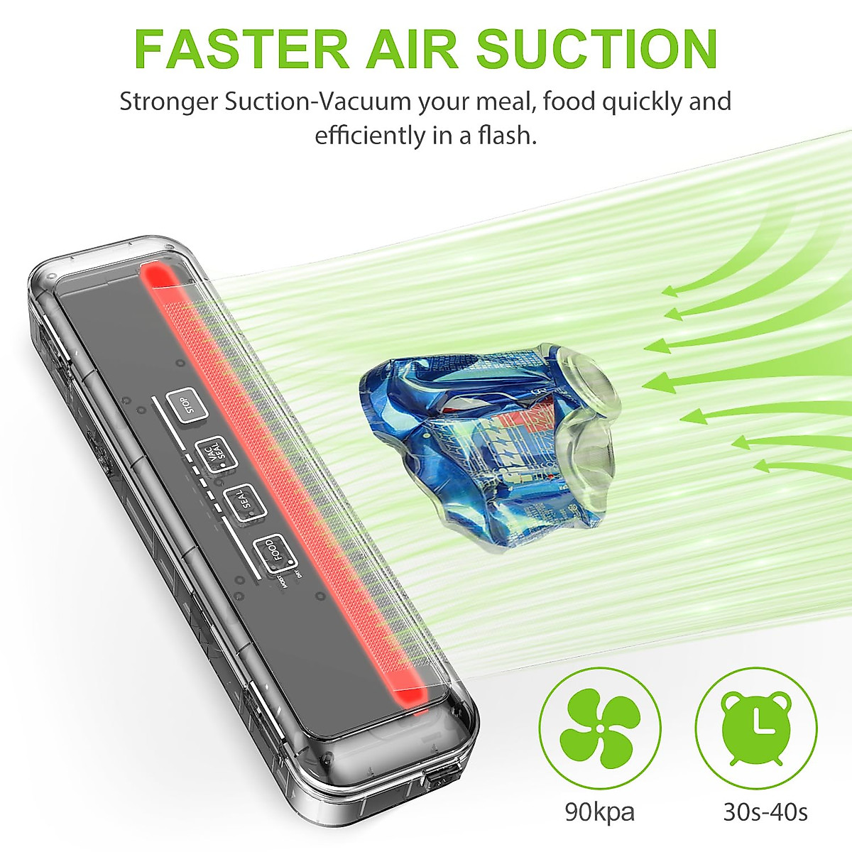 KOIOS Vacuum Sealer Machine, 90Kpa Automatic Food Sealer with Cutter, 8-in-1 Food Vacuum Machine, Pulse Function, Dry&Moist Modes, Compact Design, LED Indicator Lights, 10pcs bags included, Silver