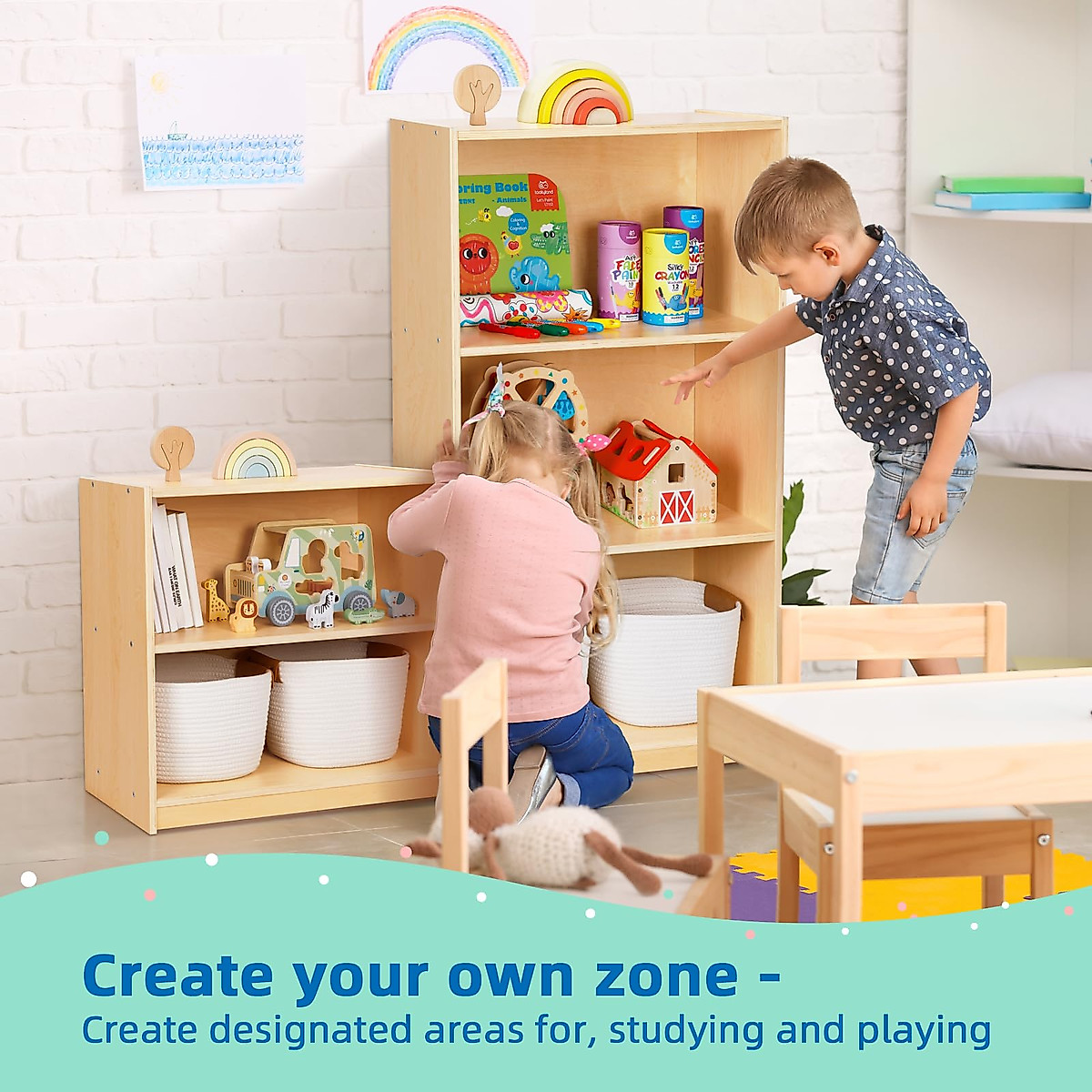 OOOK 3 Tier Montessori Toy Shelf and Bookcase, Display Cabinet, Toy Organizers and Storage with Anti Tipping Settings, Wooden Book Shelf for Kids Rooms, Classroom, Playroom, Nursery, School