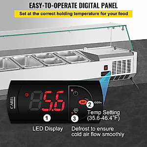 VEVOR Refrigerated Condiment Prep Station, 48-Inch, 10.8Qt Sandwich Prep Table with 2 1/3 Pans & 4 1/6 Pans, 146W Salad Bar with 304 Stainless Body Tempered Glass Shield Digital Temp Display Auto Defr