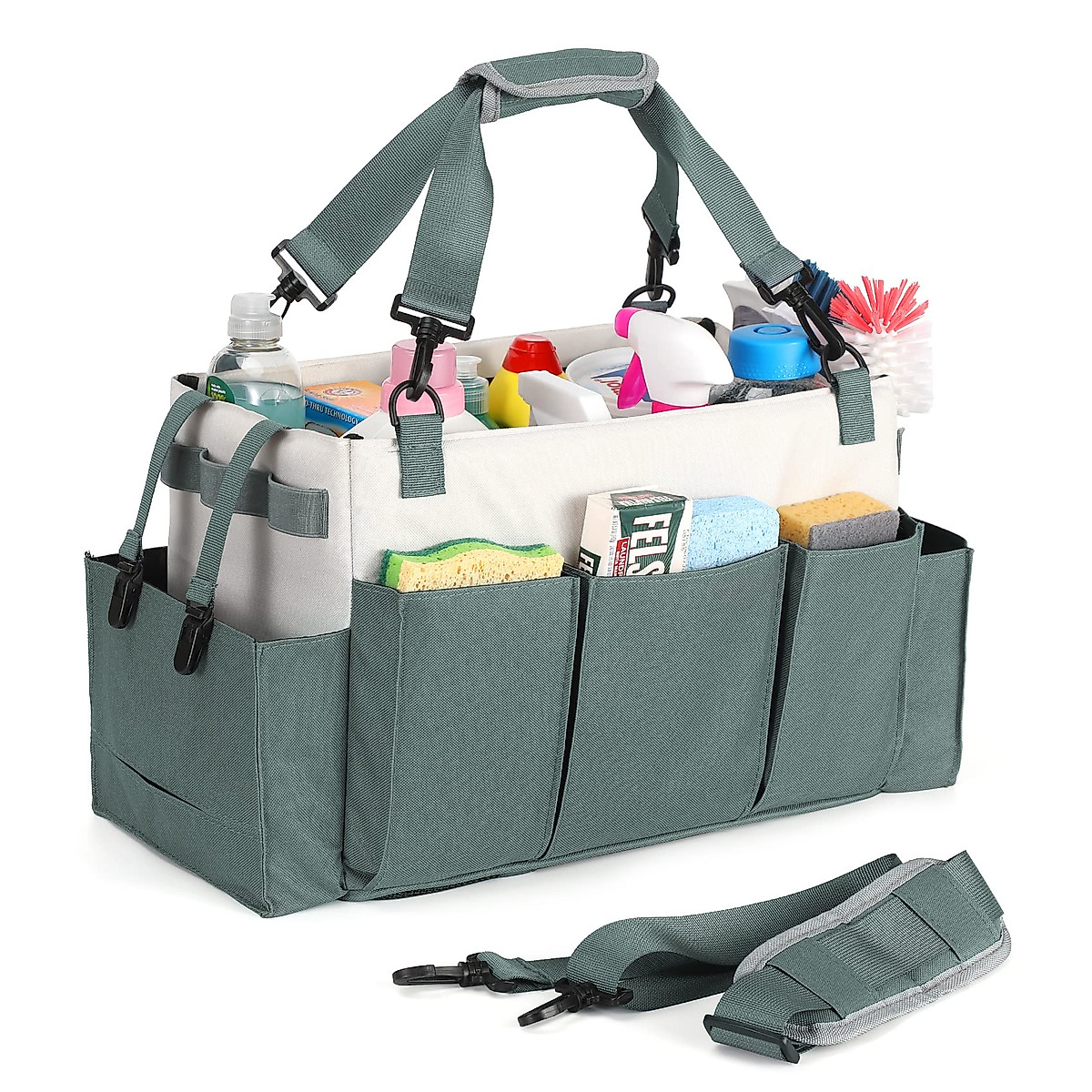 Large Cleaning Caddy Organizer with Handle, Wearable Cleaning Caddy Bag for Cleaning Supplies, Cleaning Tote with Shoulder and Waist Straps, Under Sink Organizer Tool Bag with Multiple Compartments