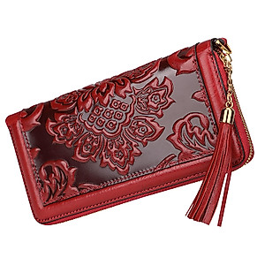 PIJUSHI Leather Wallets For Women Floral Wristlet Wallet Card Holder Purse (91853 Red)