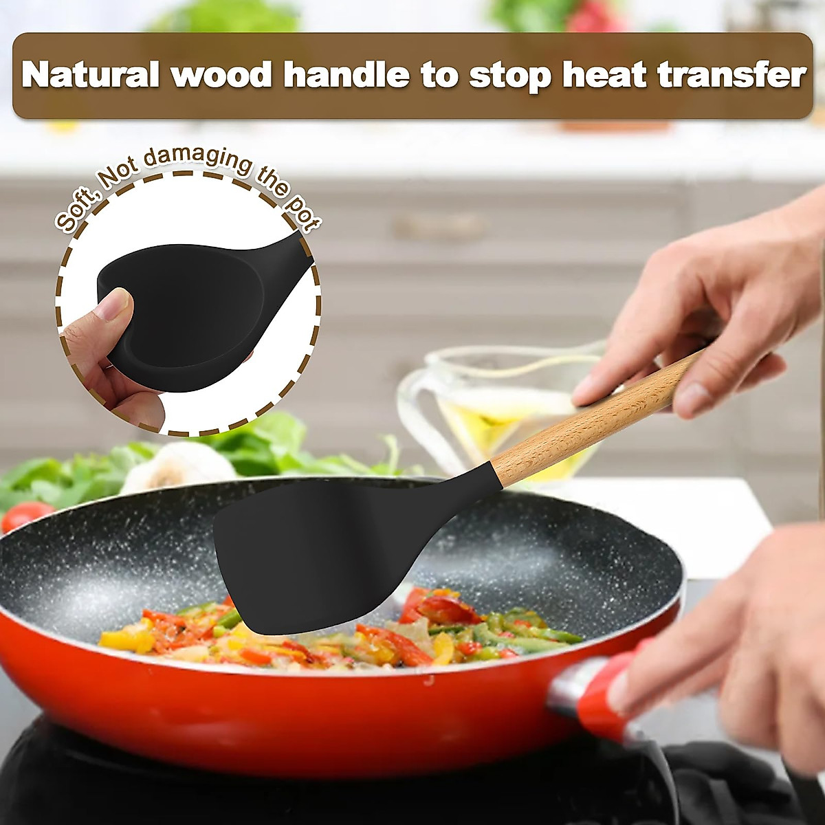 Kitchen Utensils Set, AIKKIL16 Pcs Cooking Utensils Set with Holder, Heat Resistance, Black Wooden Handle Silicone Kitchen Gadgets Utensil Set for Nonstick Cookware