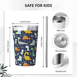 Colorful Cute Dinosaur Animal Lover Gifts - 12OZ Travel Coffee Cup Insulated Coffee Mug With Lid Stainless Steel Tumbler with Double Wall - Thermal Cup for Hot & Cold Drinks