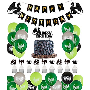 Dragon Birthday Party Decorations Dungeons and Dragons Theme Fantasy Party Supplies Including Dragon Cake Decoration and Toppers, Dragon Balloon Garland and Birthday Banner