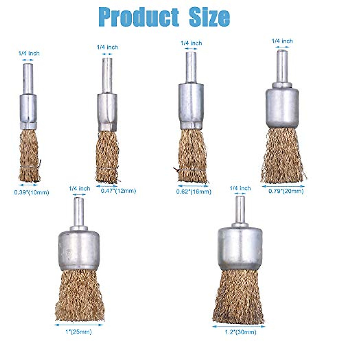 Mixiflor 18 Pack Wire End Brush Set, Wire Brush for Drill ,6 Sizes 0.012" Brass Coated Crimped Wire Wheel for Drill 1/4 Inch Shank, for Drill Attachment