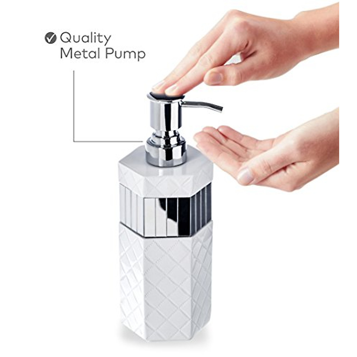 Creative Scents White Bathroom Accessories Set - Decorative 4 Piece Bathroom Set - Mirrored Bathroom Accessory Set Includes: Soap Dispenser, Toothbrush Holder, Tumbler & Soap Dish (Quilted Mirror)