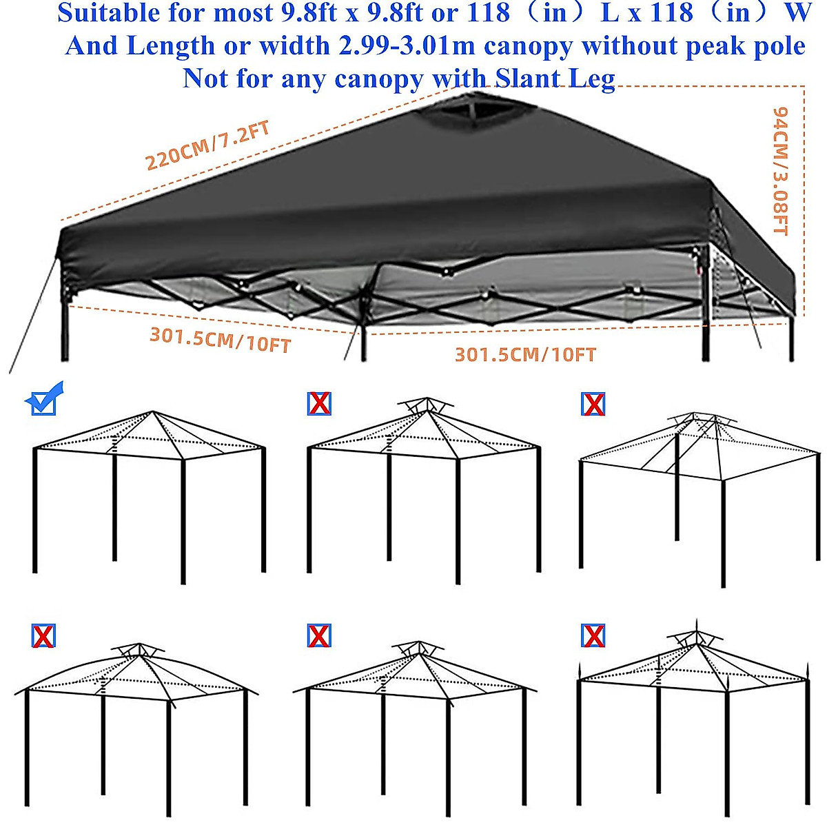 Jorohiker 10x10 Canopy Replacement Top Cover,Pop Up Canopy Tent Top Replacement Cover with Air Vent Ropes, Waterproof Sunshade Silver Coated Oxford Cloth for Outdoor Garden Camping(Top Only,301*301cm）