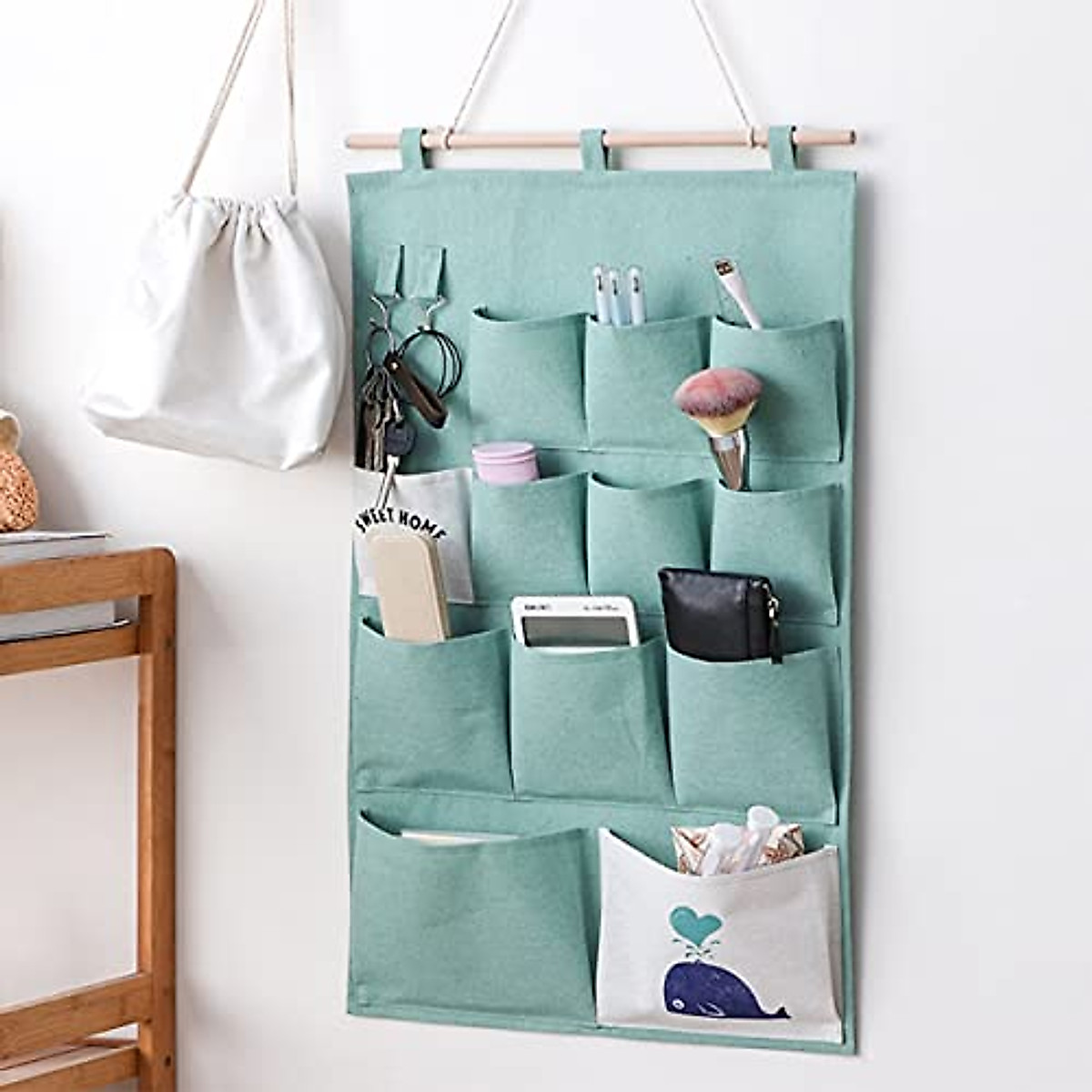 Zerodeko 2pcs Cotton Linen Wall Hanging Storage Bag Fashion Storage Pouch Wall Sundries Holder for Home Behind Door (Green)