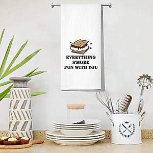LEVLO Funny S'Mores Marshmallow Kitchen Towel Smores Lover Gift Everything S'More Fun with You Tea Towels Housewarming Gift Waffle Weave Kitchen Decor Dish Towels with Sayings (Everything S'More)