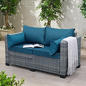 Lviden Outdoor Patio Loveseat Sofa, 2-Seater Small Couch, All Weather Wicker Love Seat Furniture with Peacock Blue Cushions, for Backyard, Garden, Porch, Deck, Balcony