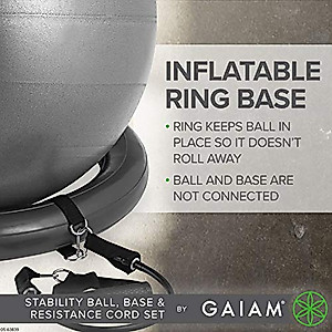 Gaiam Balance Ball, Base & Resistance Band Kit, 65cm Yoga Ball Chair, Exercise Ball with Inflatable Ring Base for Home or Office Desk, Includes Air Pump, Grey