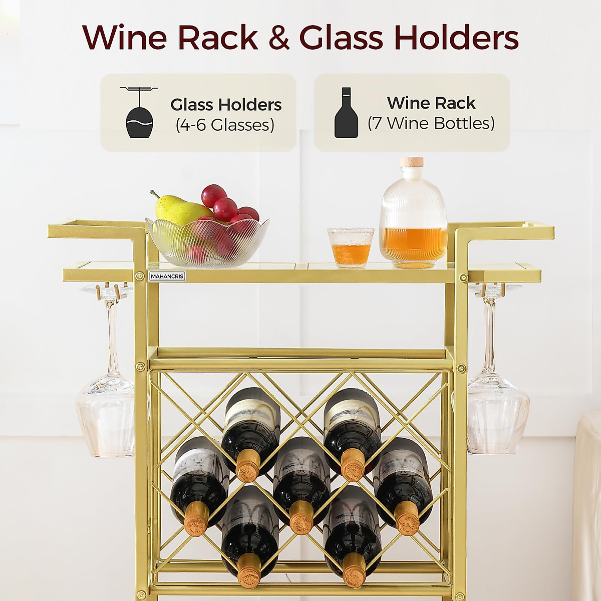 MAHANCRIS Gold Bar Cart, Home Bar Serving Cart, 3 Tier Drink Cart with 7 Wine Bottle Racks, Glass Holders, Beverage Cart on Wheels for Kitchen, Bar, Dining Room, Living Room, Outdoor, Glass, RCJ50B01