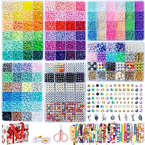 SJZWSD 6-Box Friendship Bracelet Making Kit - 16,000pcs Clay Beads, Seed Beads & Glass Beads Collection, Letter Beads, Charms