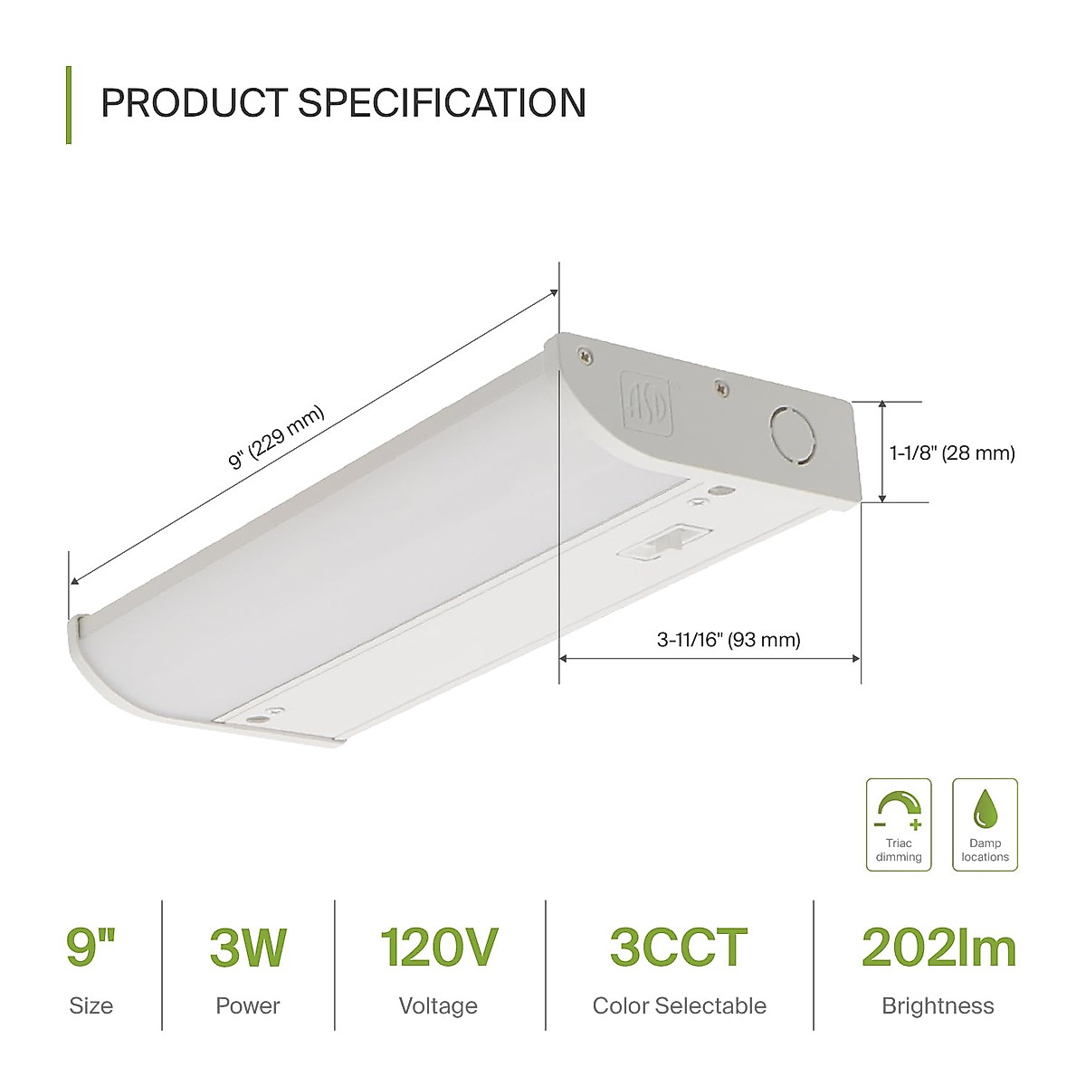 ASD LED Under Cabinet Lighting, 9 inch 3W 202 LM, Dimmable Hardwired Under Cabinet Lights for Kitchen, 3000K Soft/4000K Cool/5000K Daylight, Under Counter Light Fixtures, ETL Energy Star White Finish
