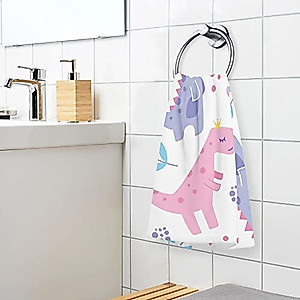 Kigai Pink Dinosaur Cotton Hand Towels for Bathroom, Soft Absorbent Washcloths for Kitchen Hotel Gym Swim Camp Beach Spa, 2 Pack