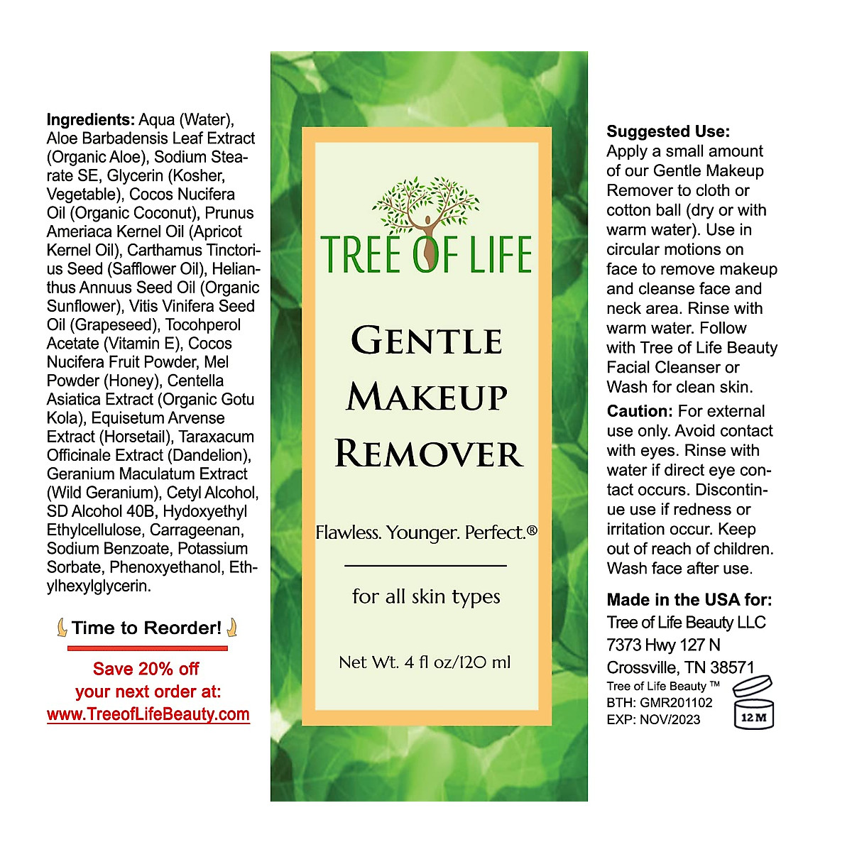 Tree of Life Gentle Makeup Remover for Face and Eye Area, 4 Fl Oz