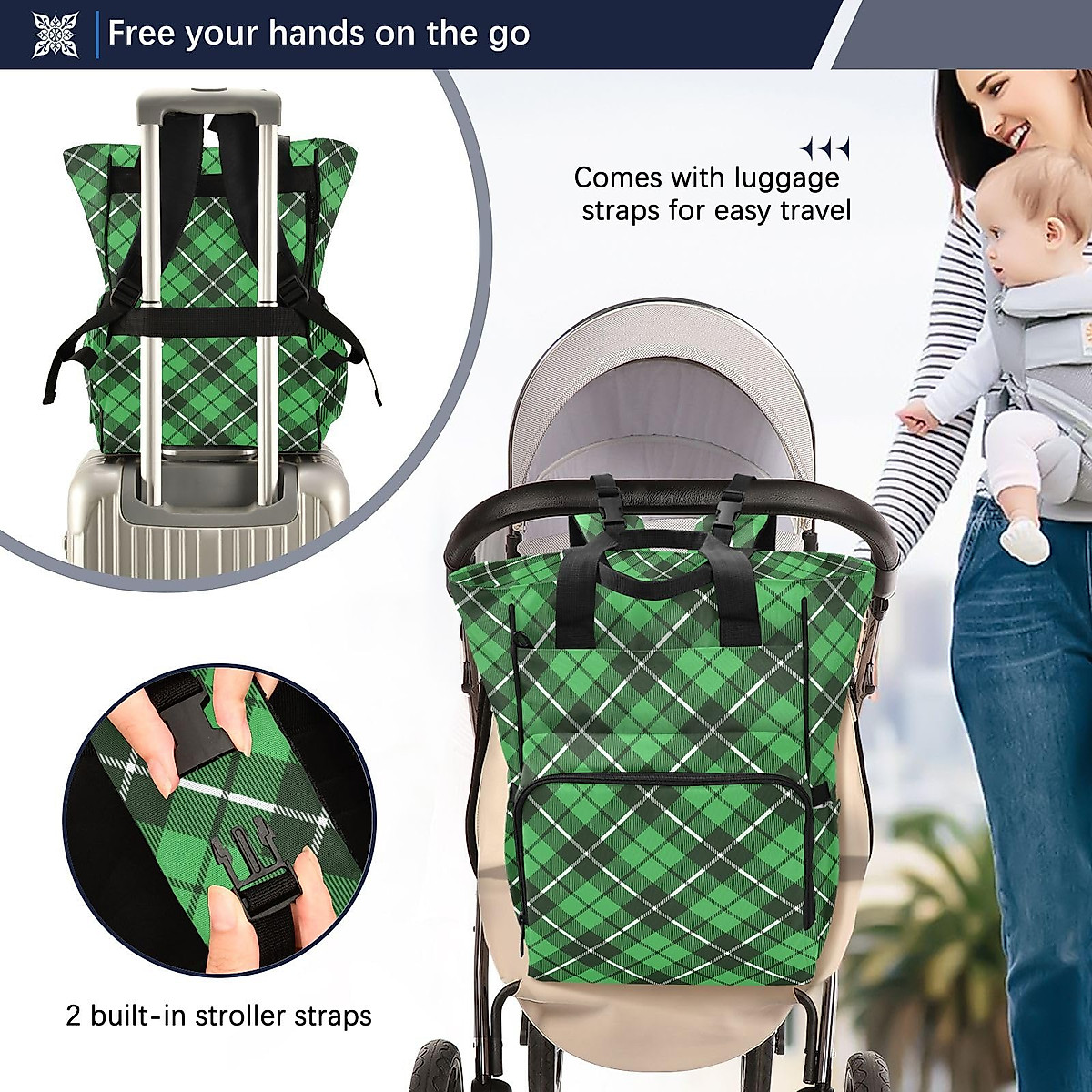 Jihqo Diaper Bag Backpack National Tartan Green Saint Patrick Travel Diaper Bags for Women, 10L Functional Baby Changing Bag with Insulted Pockets, Stroller Straps
